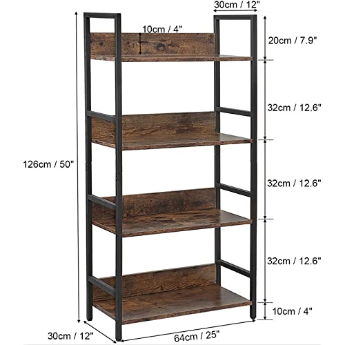 VANSPACE Bookshelf 4 Tier Industrial Bookcase Rustic Wood and Metal Standing Bookshelf with Back Panel Book Shelf for Bedroom, Home Office Storage Rack Shelf, Rustic Brown