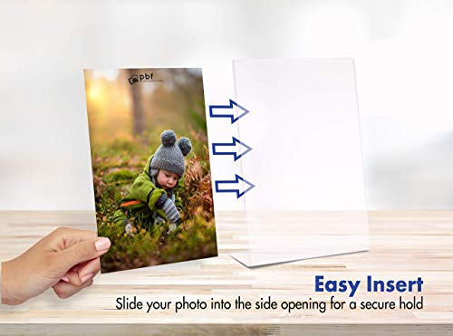 Photo Booth Frames - 5x7 Inch Clear Acrylic Display, Slanted Back Vertical Standing Plastic Picture or Display Sign Holder with Inserts - 6 pack