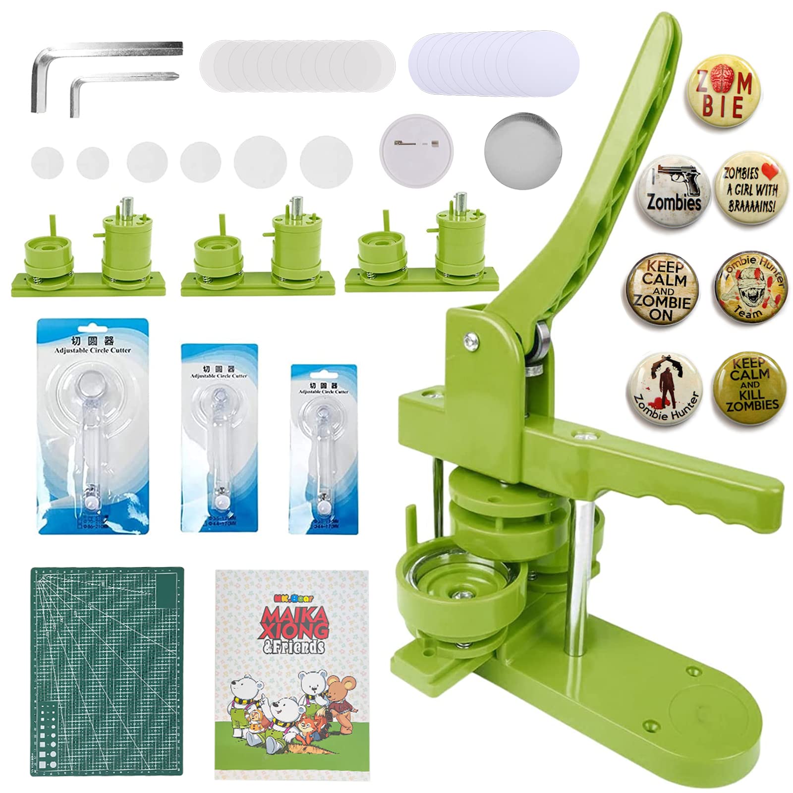 Button Maker Machine Multiple Sizes - wuyule 1''+1.25''+2.25'' Button Press Badge Maker Machine, Green Pin Maker Machine with 300pcs Round Button Parts, 3 Circle Cutters&Magic Book