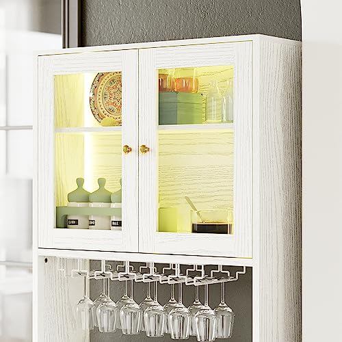 IRONCK 71” Bar Cabinets with LED Light, Power Strip and Glass Holder, Tall Freestanding Liquor Cabinet Bar for Kitchen, Dining Room (White)