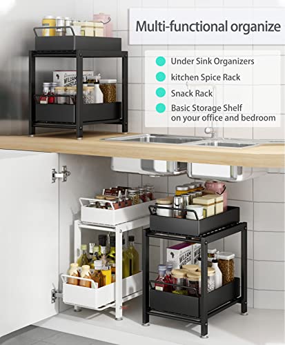 Metal Under Sink Organizers and Storage for Kitchen Undersink Organizers for Bathroom 2 Tier Pull-out Sliding Drawers Undersink Cabinet Organizer with Anti-rust Coating Handles White