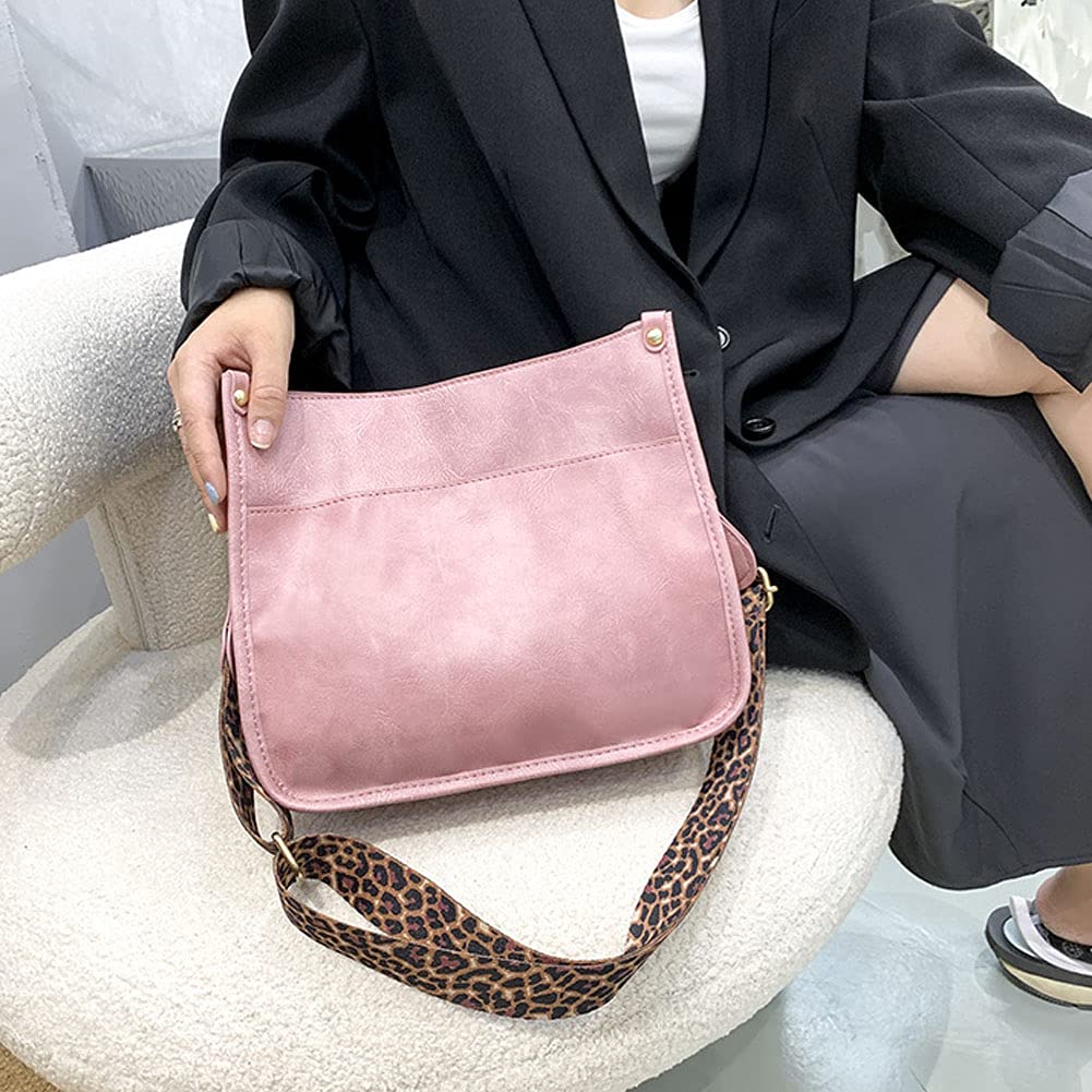 Vegan Leather Crossbody Bag Leopard Crossbody Purse Bags for Women Medium Size (Pink)