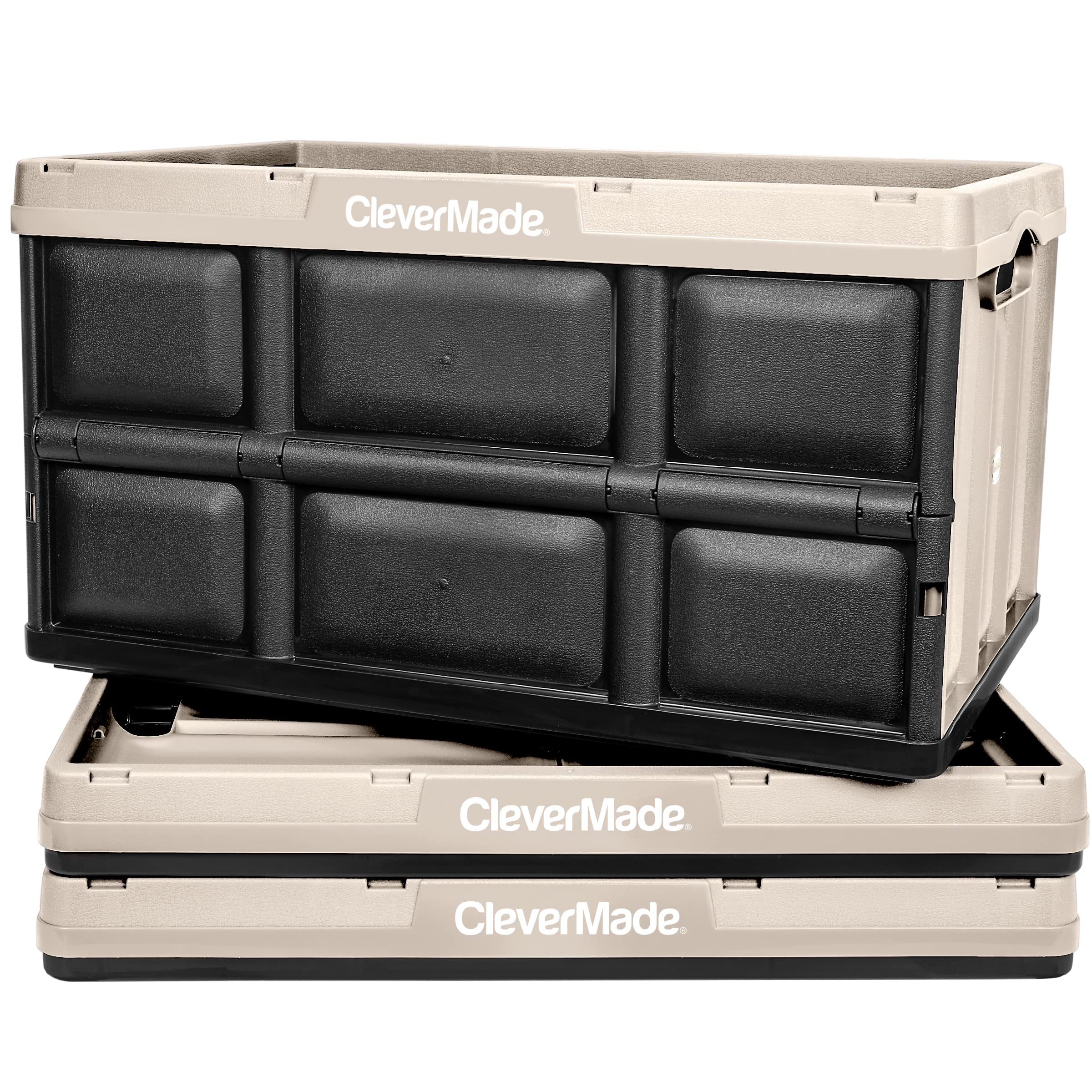 CleverMade 62L Collapsible Storage Bins (3 Pack, Tan) NO LID-Stackable Storage Containers & 46L Collapsible Storage Bins with Lids - Folding Plastic Stackable Utility Crates