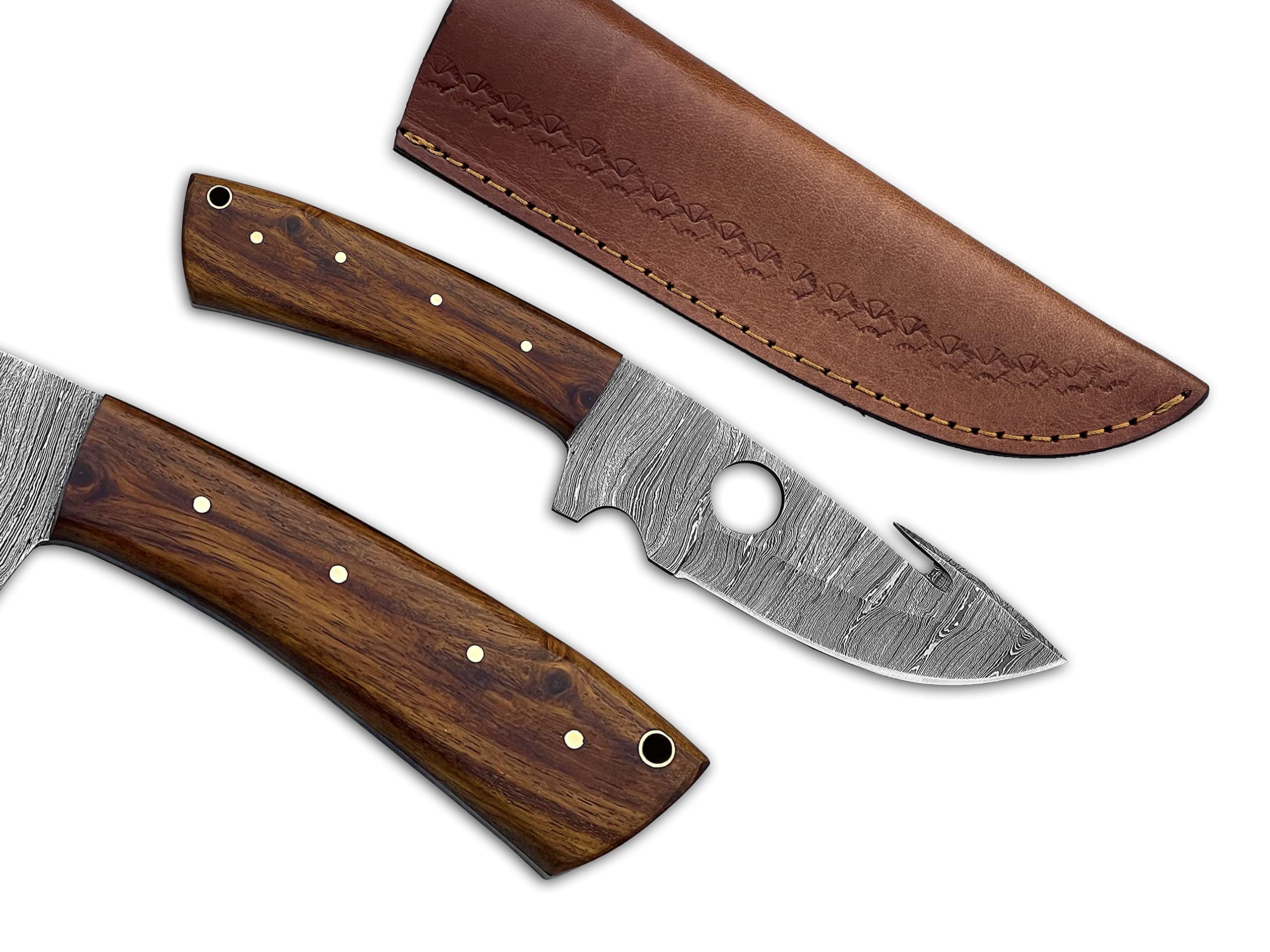 Eagle Eye Damascus Steel Blade Skinning Skinner Gut Hook Knife With Leather Sheath Fixed Blade Gut Gutting Deer Knives For men and women
