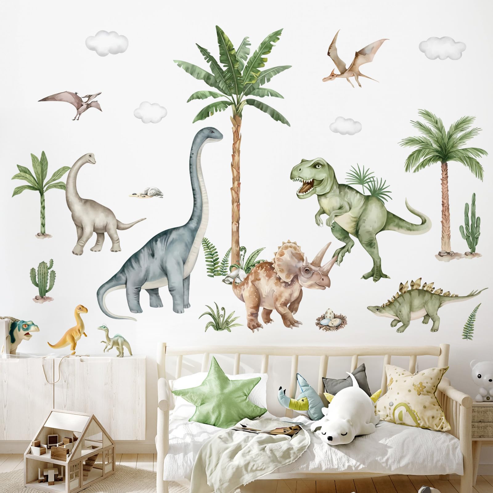 wondever Large Dinosaur Wall Stickers Tropical Animal Dino Palm Tree Plants Wall Art Decals for Boys Room Baby Nursery Kids Bedroom (164 * 83cm)
