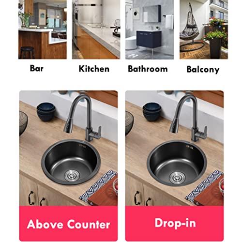 Stainless Steel Single Bowl Mini Round Kitchen Sink with Drain Accessories for Home Bar - Compact and Durable(black)