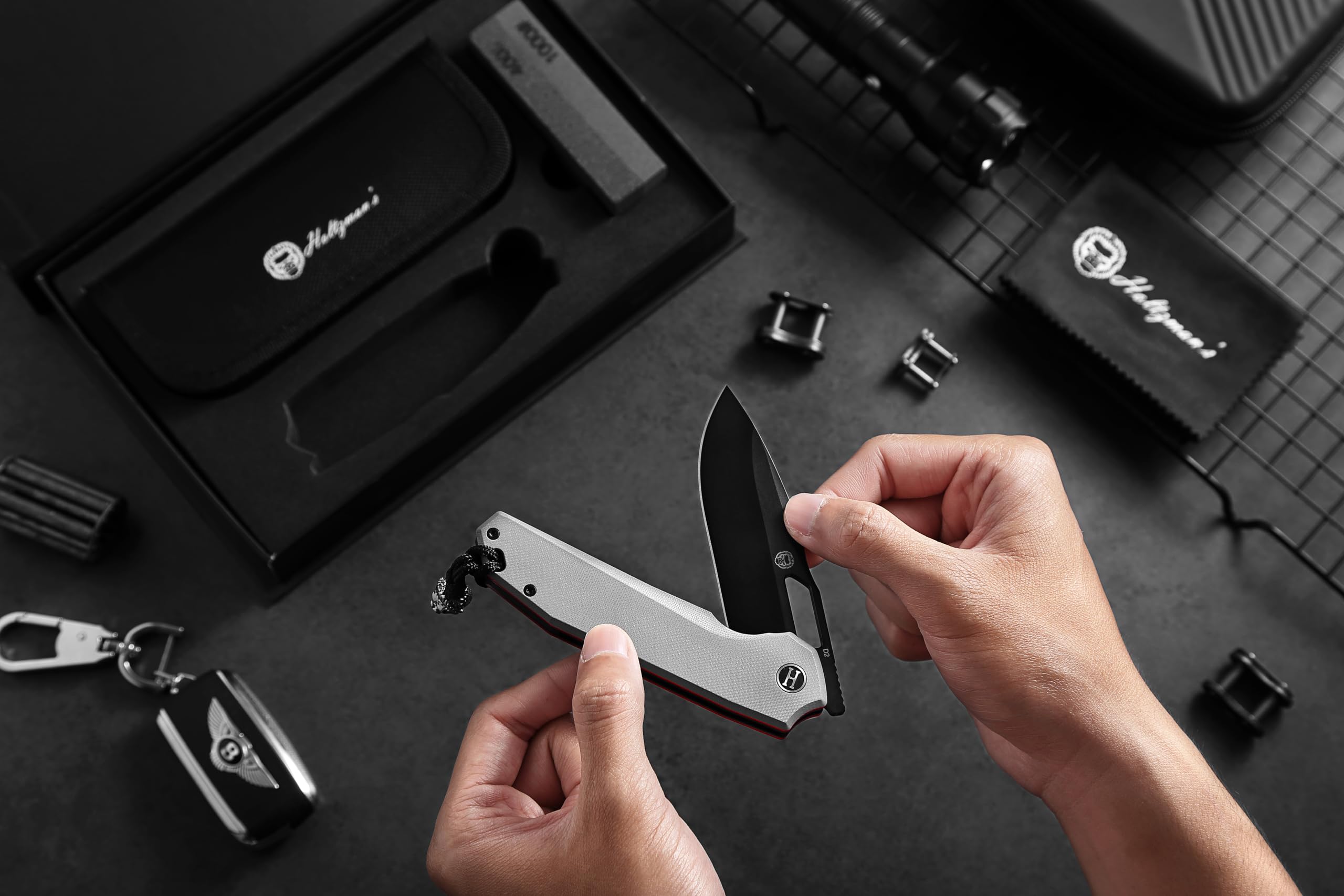 Holtzman's Gorilla Survival Mens Folding Pocket Knife Set D2 Steel Blade G10 Handle Pocket Knife EDC Gift set for Men (black blade+dark grey/ed liner G10 handle)