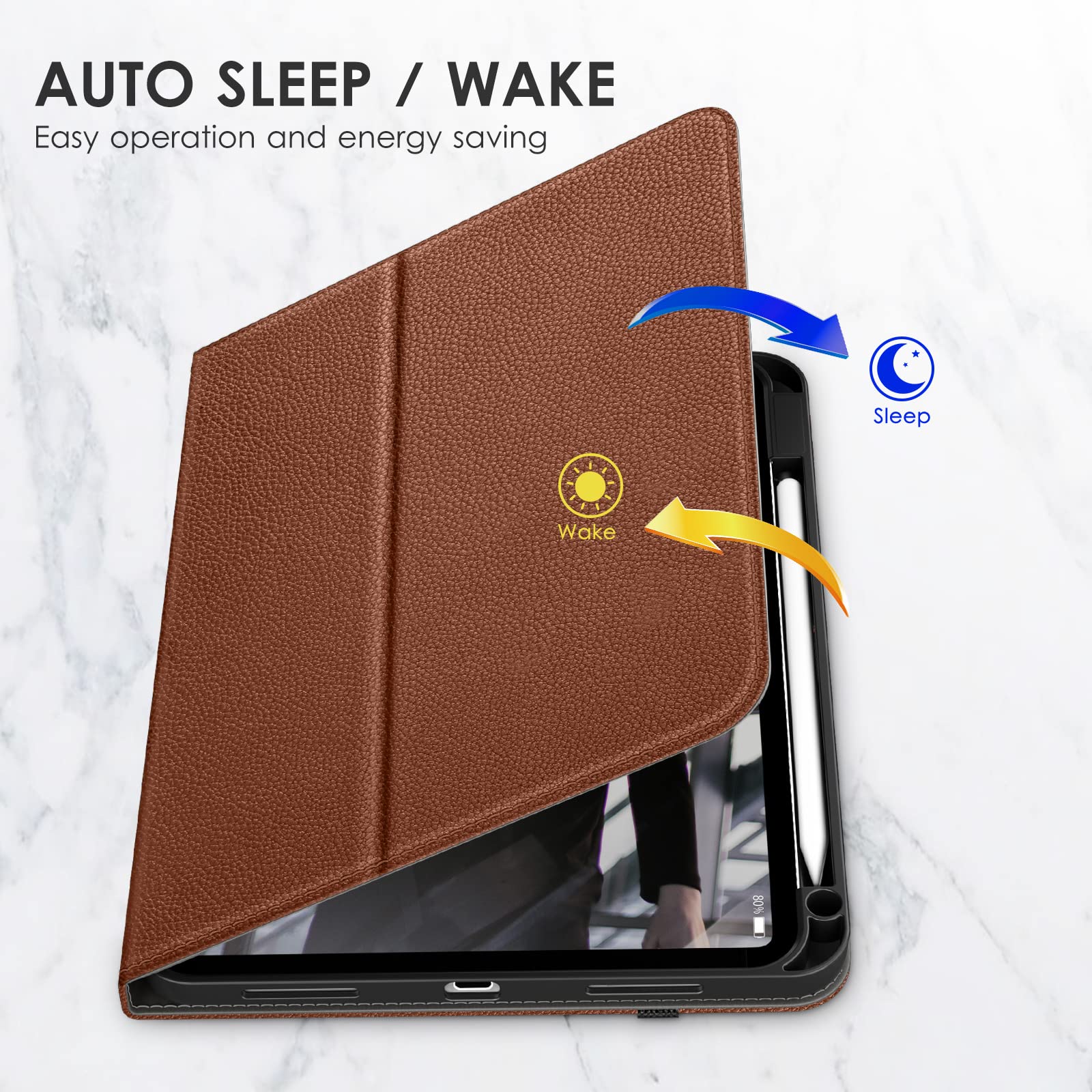 DTTO Folio Case for iPad 10th Generation - [Built-in Pencil Holder] Premium Vegan Leather Stand Folding Cover for iPad 10.9 Inch 2022, Auto Wake/Sleep, Brown