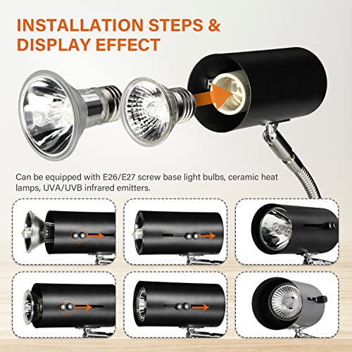 Simple Deluxe Reptile Lamp Fixture Holder Clamp Lengthened Adjustable Socket with Wider and Deeper Spot Light Barrel Dimmable Switch 25W UV Bulb Included, for Lizard Tortoise Snake Aquarium Habitat