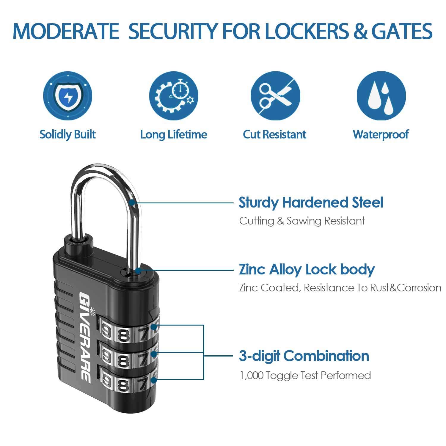 GIVERARE 8 Pack Combination Lock, 3-Digit Padlock Keyless, Resettable Luggage Locks for Backpack, Gym & School & Employee Locker, Weatherproof Travel Lock for Fence, Backyard Gate, Hasp, Case-Black