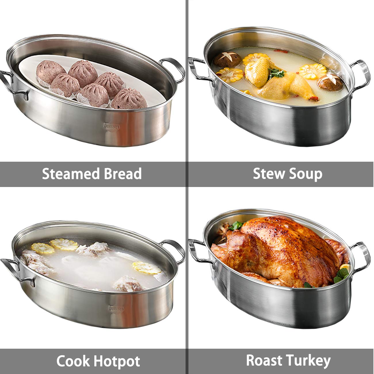 Eglaf 8Qt Stainless Steel Fish Steamer - Multi-Use Oval Cookware with Rack, Ceramic Pan, Chuck - Stockpot for Steaming Fish, Boiling Soup