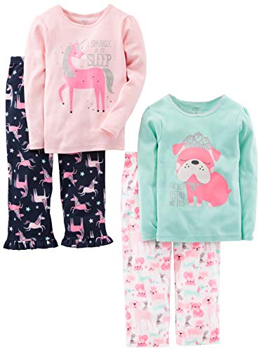 Simple Joys by Carter's Girls' 4-Piece Pajama Set (Cotton Top & Fleece Bottom), Mint Green Puppy/Navy/Pink Unicorn/White, 8