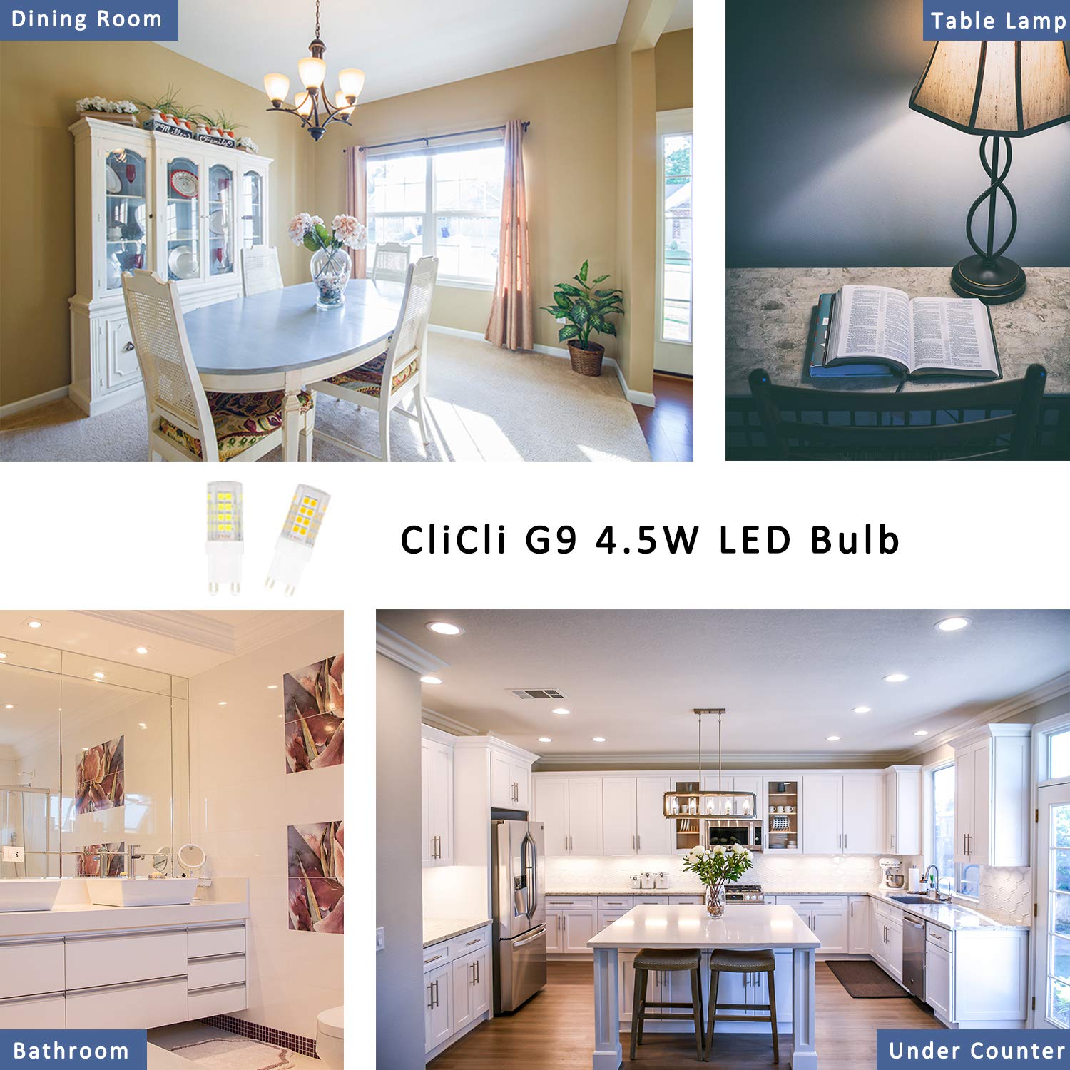 CliCli 6-Pack G9 LED Light Bulb 4.5W (45W G9 Halogen Equivalent), 100-240V 450LM G9 Daylight White 6000K LED Lamp, Non-dimmable G9 Bi-pin Ceramic Base, for Under Counter Chandelier Ceiling Lighting