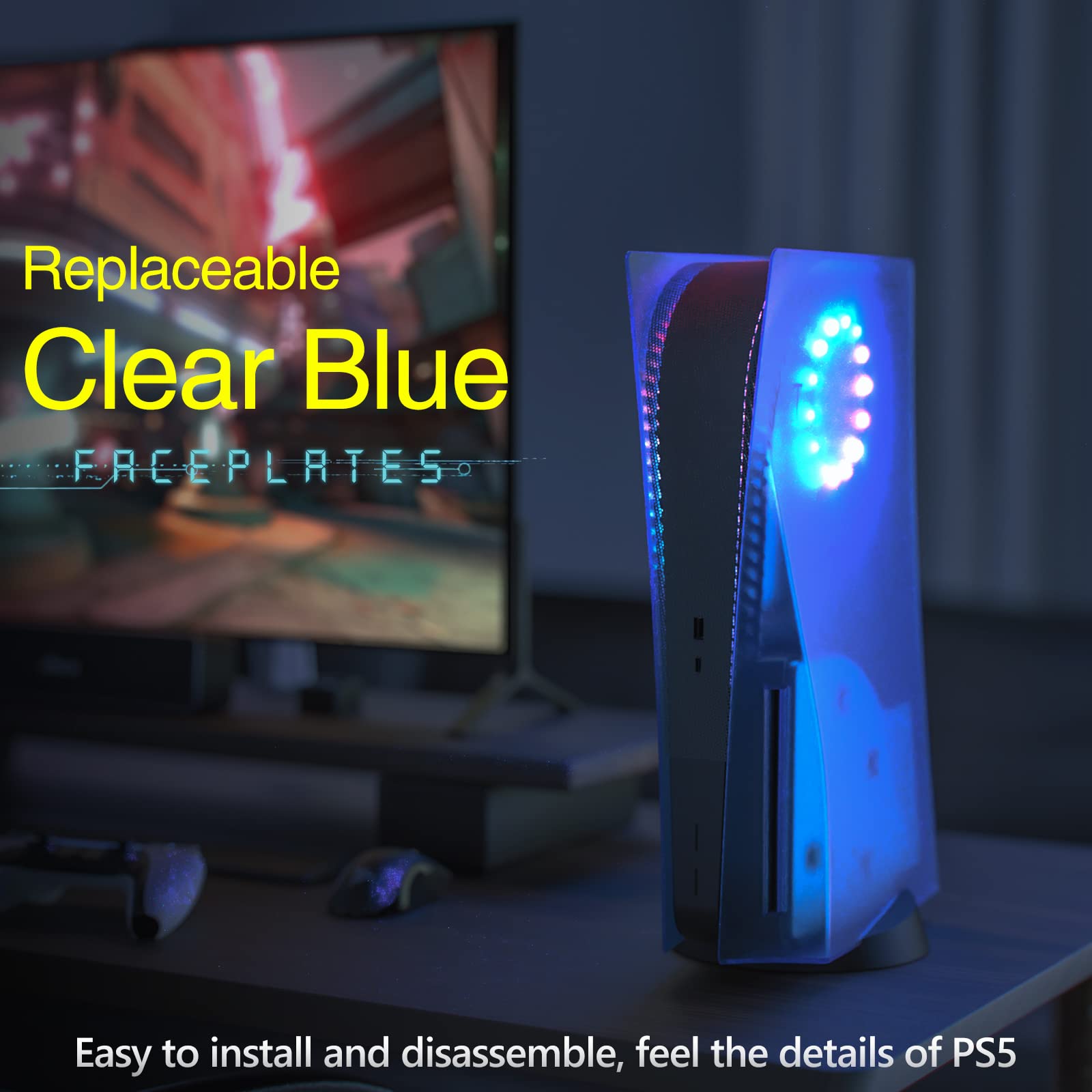 Face Plates for PS 5 Console + RGB LED Light Strip + Dust Cover Net, PS 5 Kit with Transparent Shockproof ABS Shell, Pets Hair Anti-dust Cover, 8 Colors RGB LED Light Ring. (Disc Version Clear Blue)