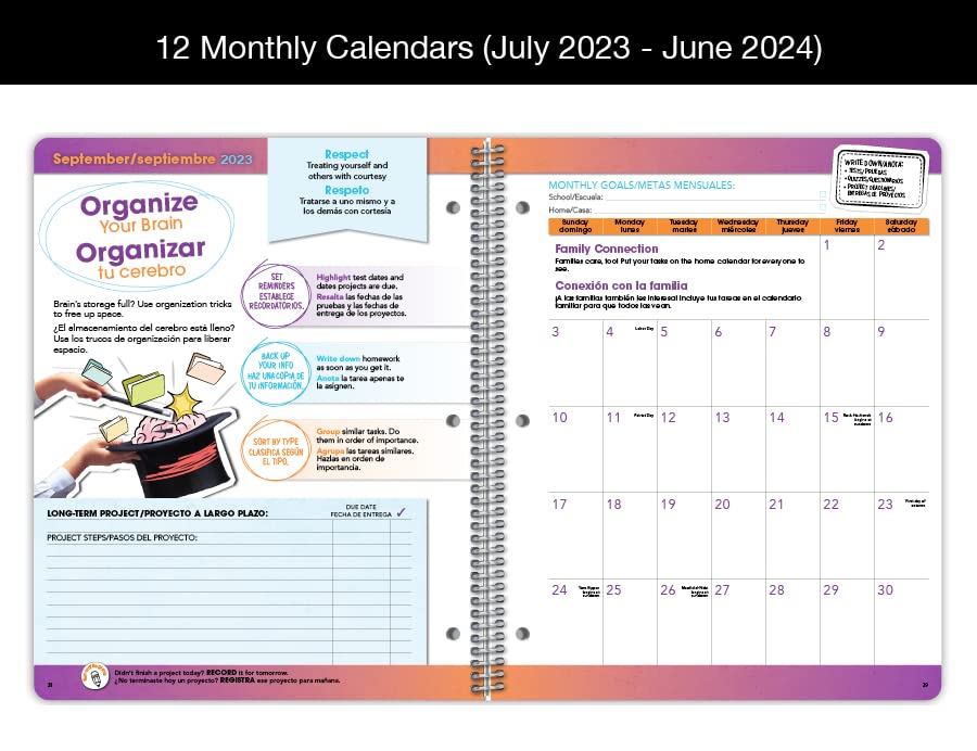 Dated Bilingual Middle High School Student Planner for the 2023-2024 Academic School Year, Large (8.5" by 11") Matrix Style Datebook with Classic Bilingual Middle Matrix Cover