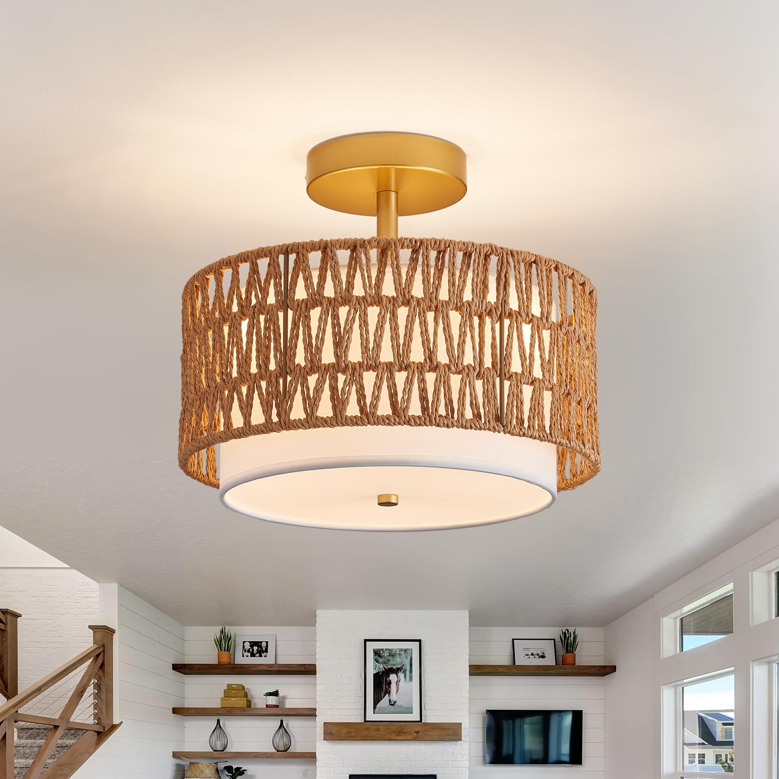 BUXVRCS Boho Light Fixtures Ceiling, 3-Light Hand-Woven Rattan Light Fixture, Farmhouse Drum Light Fixtures Ceiling Mount with Fabric Shade, Nursery Light Fixture for Bedroom Hallway Kitchen Entryway