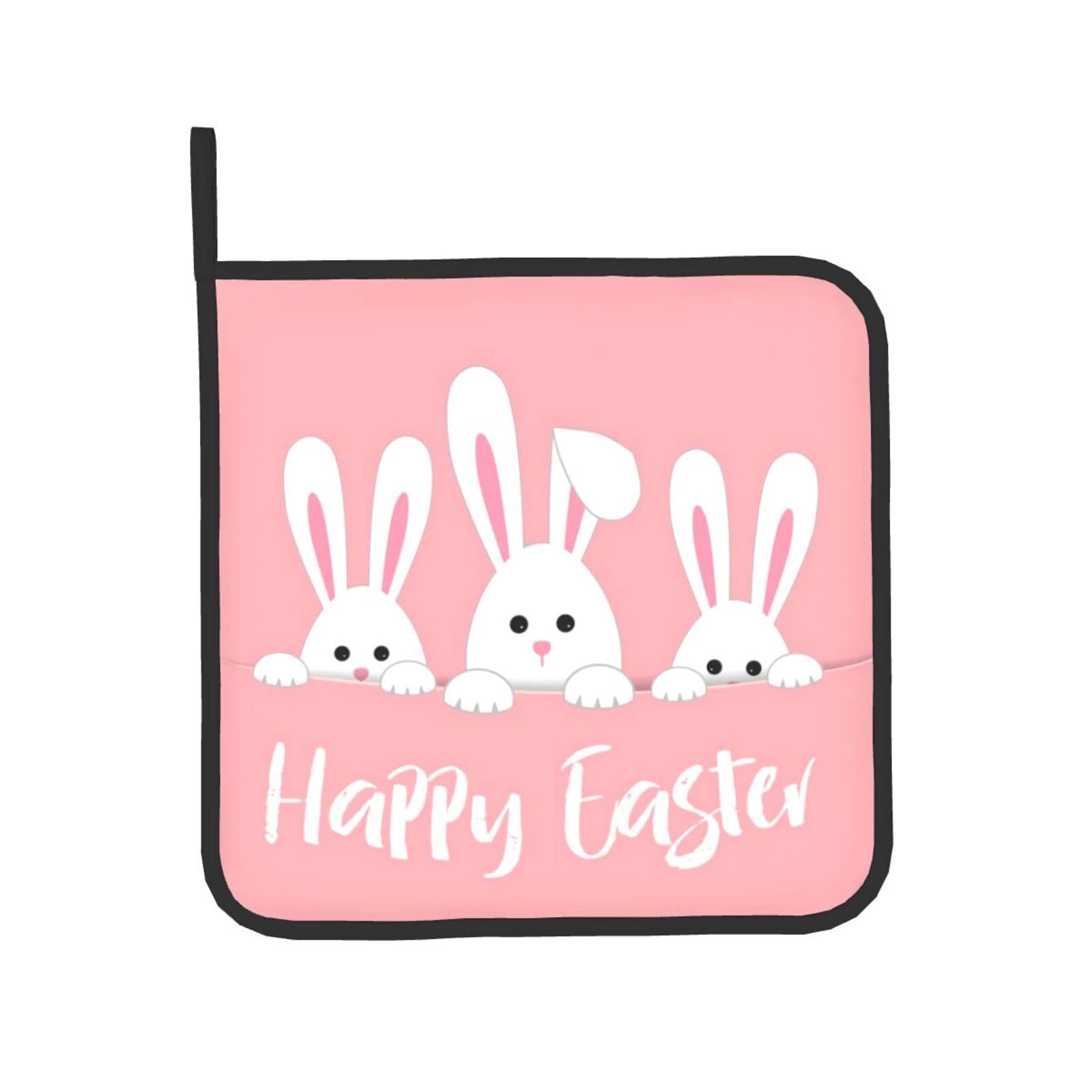 DRAYTSO Happy Easter Oven Mitts and Pot Holders Set, Spring Colorful Egg Heat Resistant Kitchen Set Oven Gloves Non-Slip Potholders for Cooking Baking Grilling Gifts Microwave Gloves Hot Pad, Black