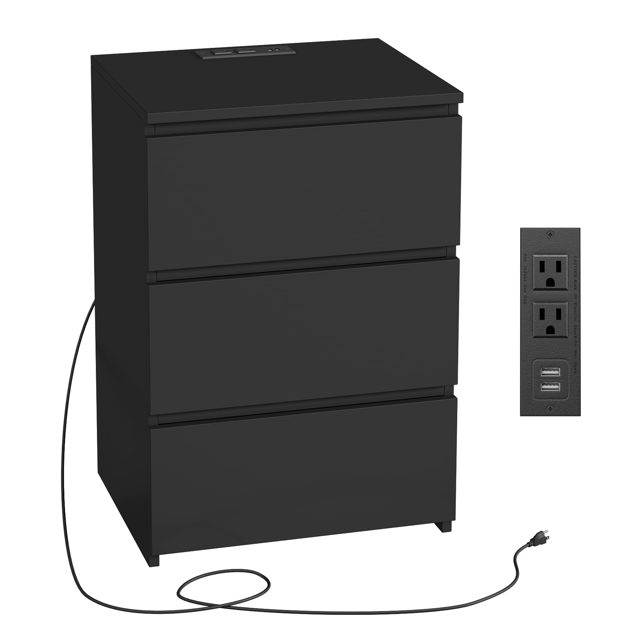FOTOSOK Black Nightstand, 26" H Black Night Stand with Charging Station, Black Nightstand with USB Ports & Power Outlets, Silent Slides, Wooden End Side Table Bedside Table with 3 Drawers for Bedroom