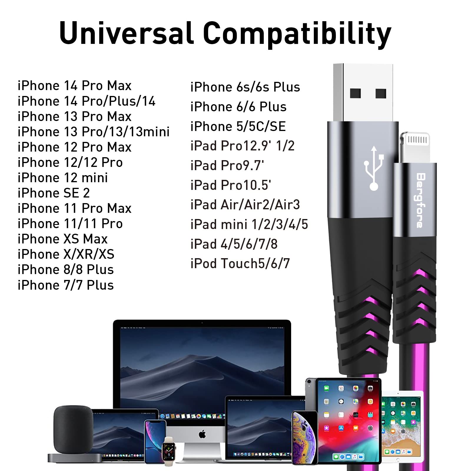for iPhone Charger, 6FT Flat LED Lightning Cable [Apple MFi Certified ] USB Charging/Sync Lightning Cord Compatible with iPhone 14 13 12 11 Pro Pro Max Xs MAX XR X 8 7 6S, iPad and More (Purple)