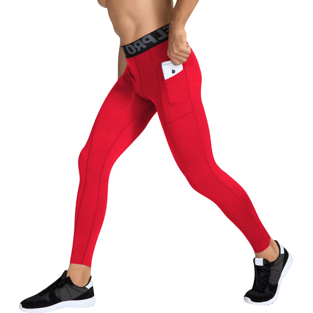 EARGFM Men's Athletic Compression Active Elastic Workout Running Cool Dry Base Layer Pockets Pants, 3 Pack #Red+white+black, Small
