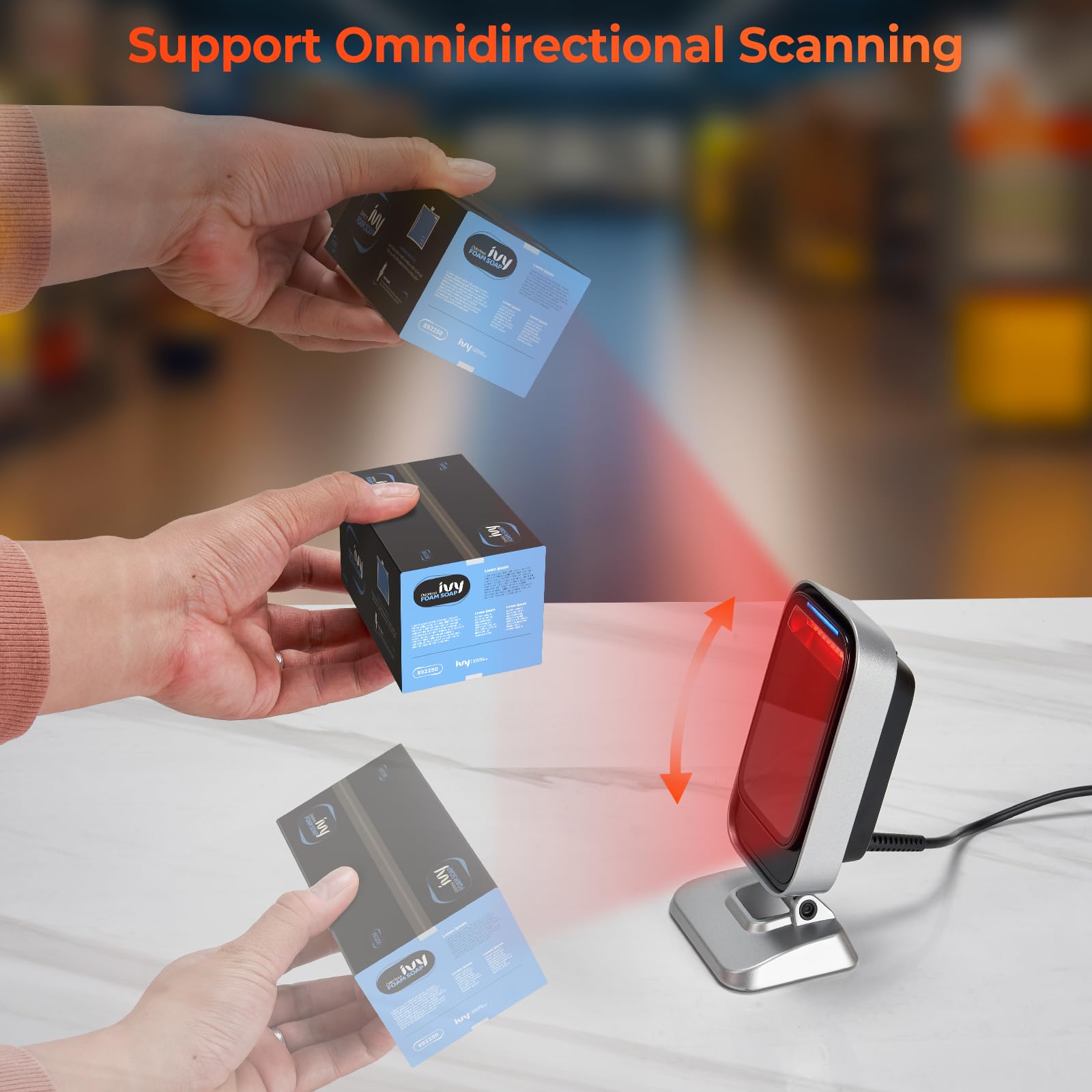 MUNBYN 1D 2D QR Desktop Barcode Scanner Omnidirectional Manual/Automatic Image Sensing Scanner Hands-Free USB Scanner for Windows, Linux, Mac PC for Mobile E-Payment, Supermarket, POS System, Library