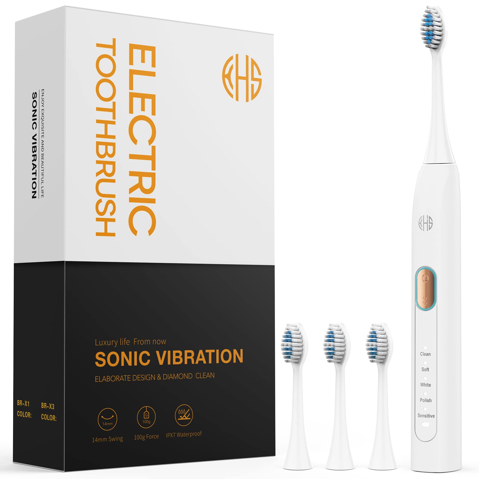 KHS Sonic Electric Toothbrush for Adults and Kids with 4 Brush Heads 5 Modes Rechargeable Toothbrushes with 2 Mins Smart Timer(Off-White)