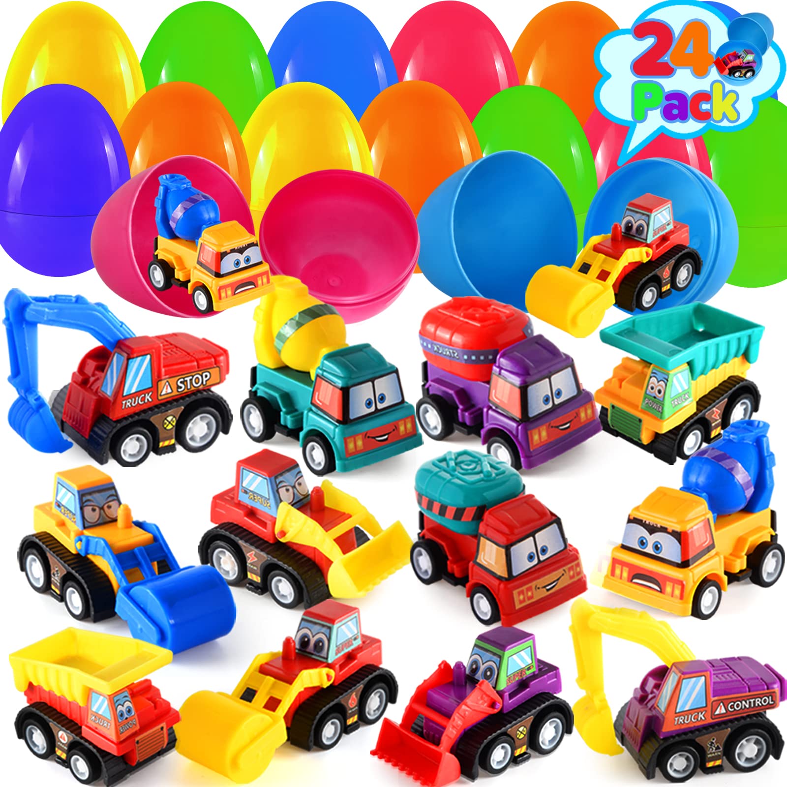 Duchong 24 Pack Easter Eggs with Toys Inside, Prefilled Easter Eggs with Pull-Back Construction Car Toys, Surprise Eggs for Easter Hunt, Easter Basket Stuffers for Toddlers, Classroom Prize Supplies