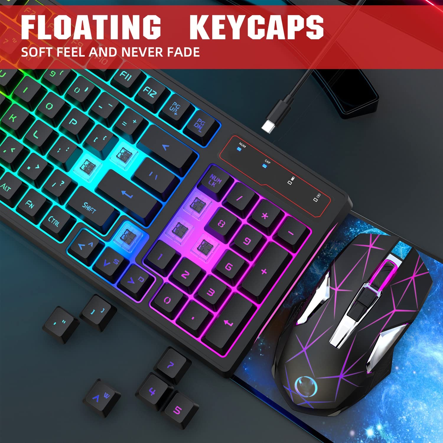 EXHNLE RGB Gaming Keyboard and Mouse Combo, Mechanical Feel LED Backlit Keyboard, Colorful Breathing Backlit Gaming Mouse for Working or Gaming