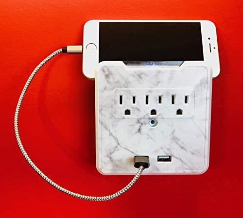 Glamsockets Decorative Wall Mount Surge Protector with 3 Outlets, Dual USB Charging Ports and Phone Holder - USB Charging Center/Multi Function Wall Tap (Carrara Marble)