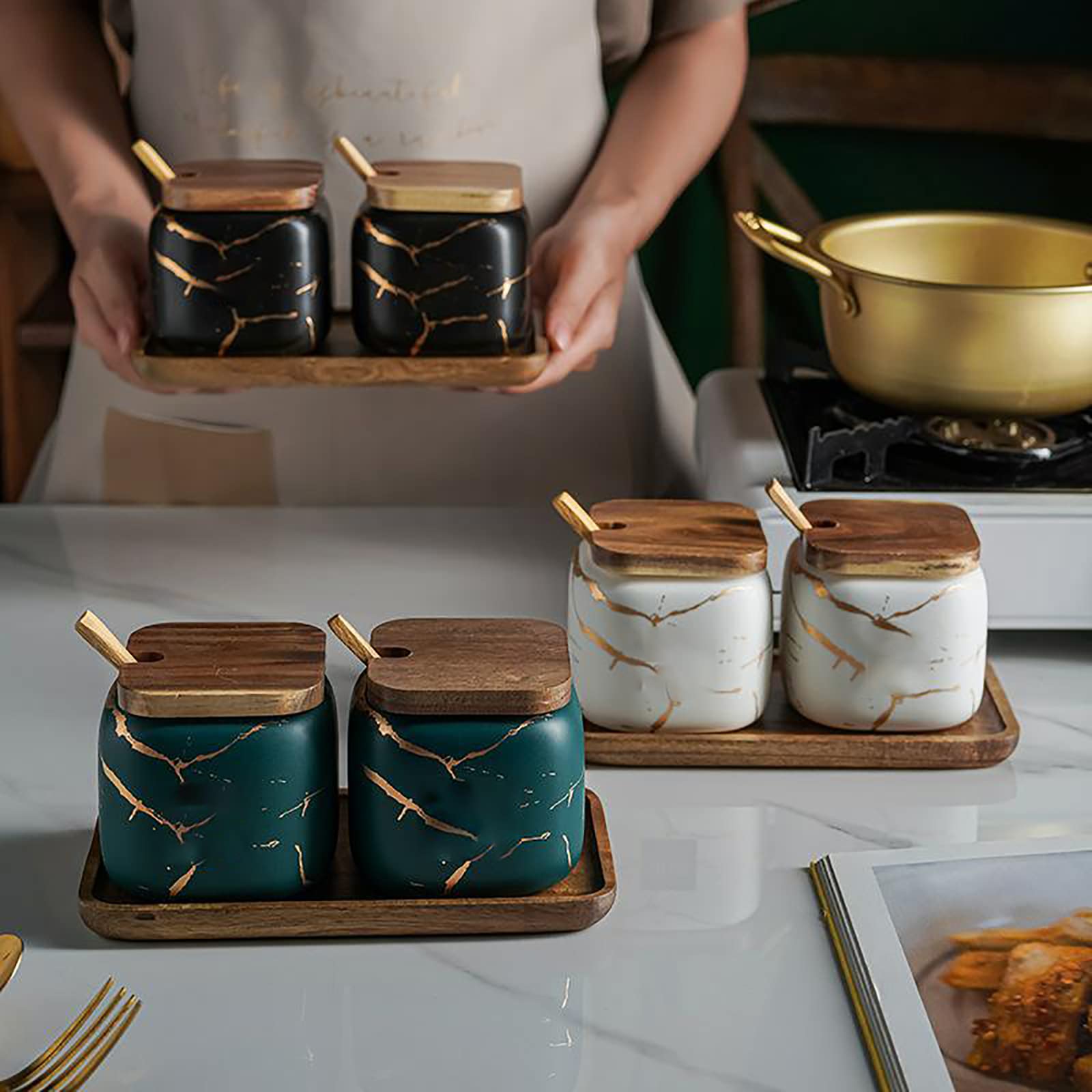 EIMQUVW Sets of 2 Marble Ceramic Seasoning Jars Ceramic Sugar Salt bowl Condiment Pots with Wooden Lids,Wooden Spoon and Wooden Tray(White)