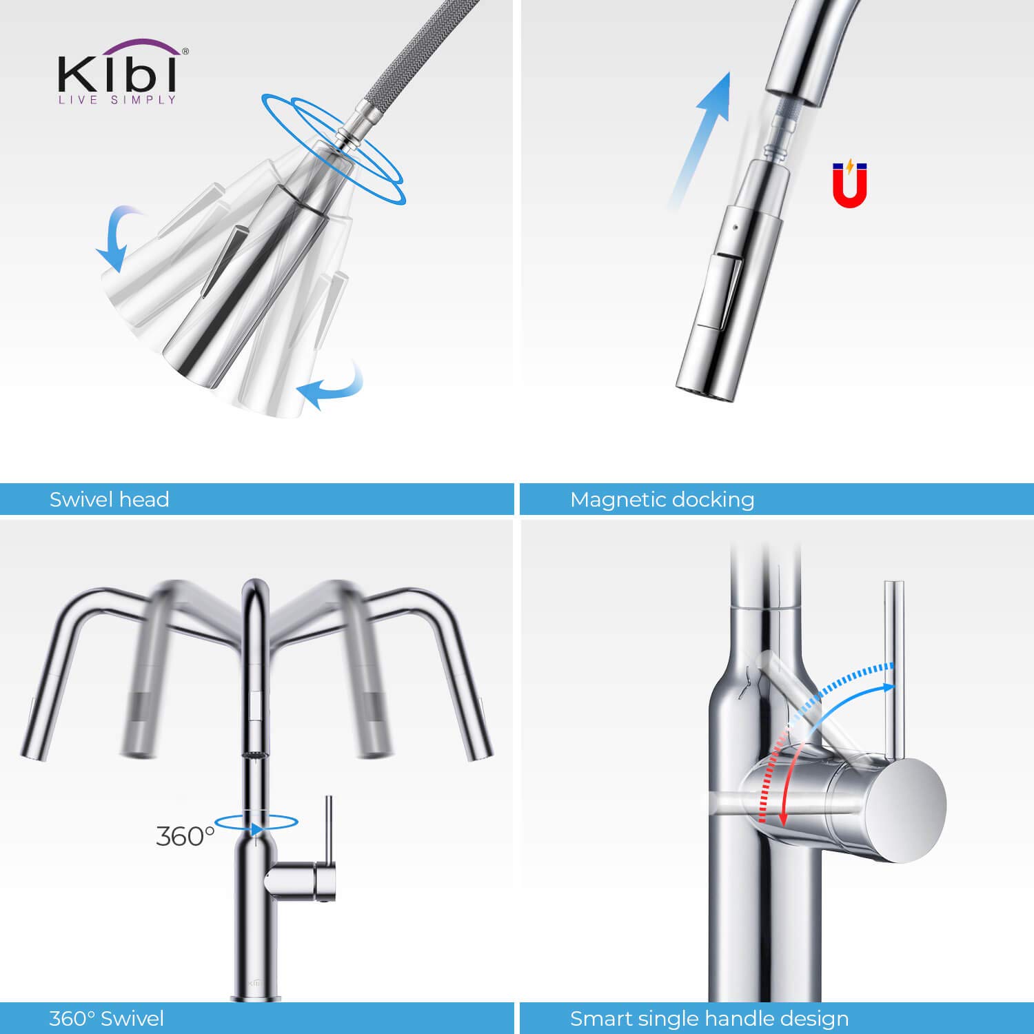 KIBI Macon Single Handle Pull Down Faucet for Kitchen Sink with Soap Dispenser | Solid Brass High Arc Faucet Spout | 360 Degree Swivel Kitchen Faucet with Pull Down Sprayer | Chrome Finish (KKF2007)
