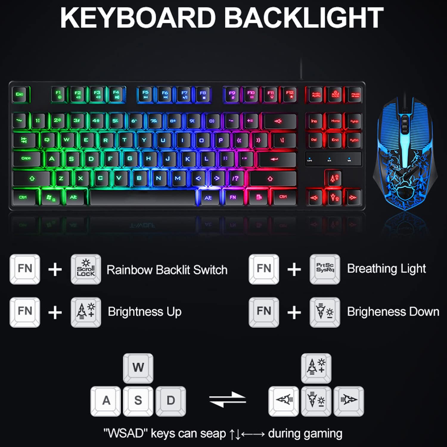 EXHNLE RGB Gaming Keyboard and Mouse, 87 Keys Compact Keyboard and Mouse LED Breathing Backlit, USB Wired Backlit Keyboard, for Laptop PC Computer Game and Work