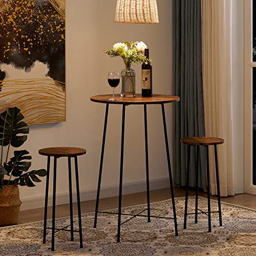 VECELO Small Bar Table and Chairs, Round Bistro Sets with 2 barstools, 3-Piece Pub Dining Furniture, Counter Height Wood Top for Breakfast Dinner Coffee Nap Conference, Easy Assembly, Rustic Brown