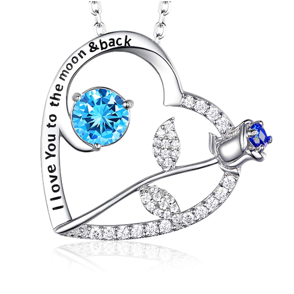 ELDA & CO. Aquamarine Necklace Love Rose Flower Sterling Silver I Love You to the Moon and Back Jewelry March Birthstone Heart Pendant Necklace