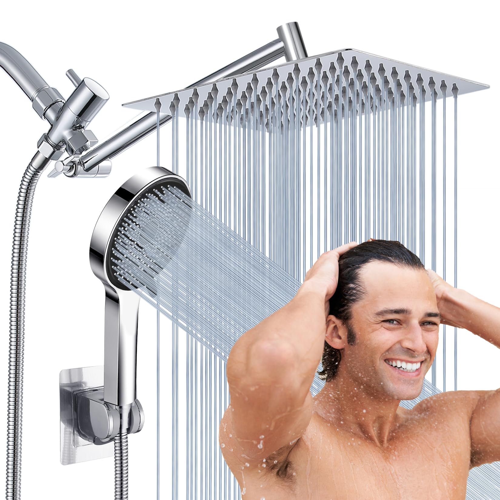 Shower Head,8”Rain Shower Head with Handheld Spray Combo with 11'' Angle Adjustable Extension Arm/Flow Regulator/Shower System,High Pressure Rainfall Shower Head Clean Bathroom,Chrome