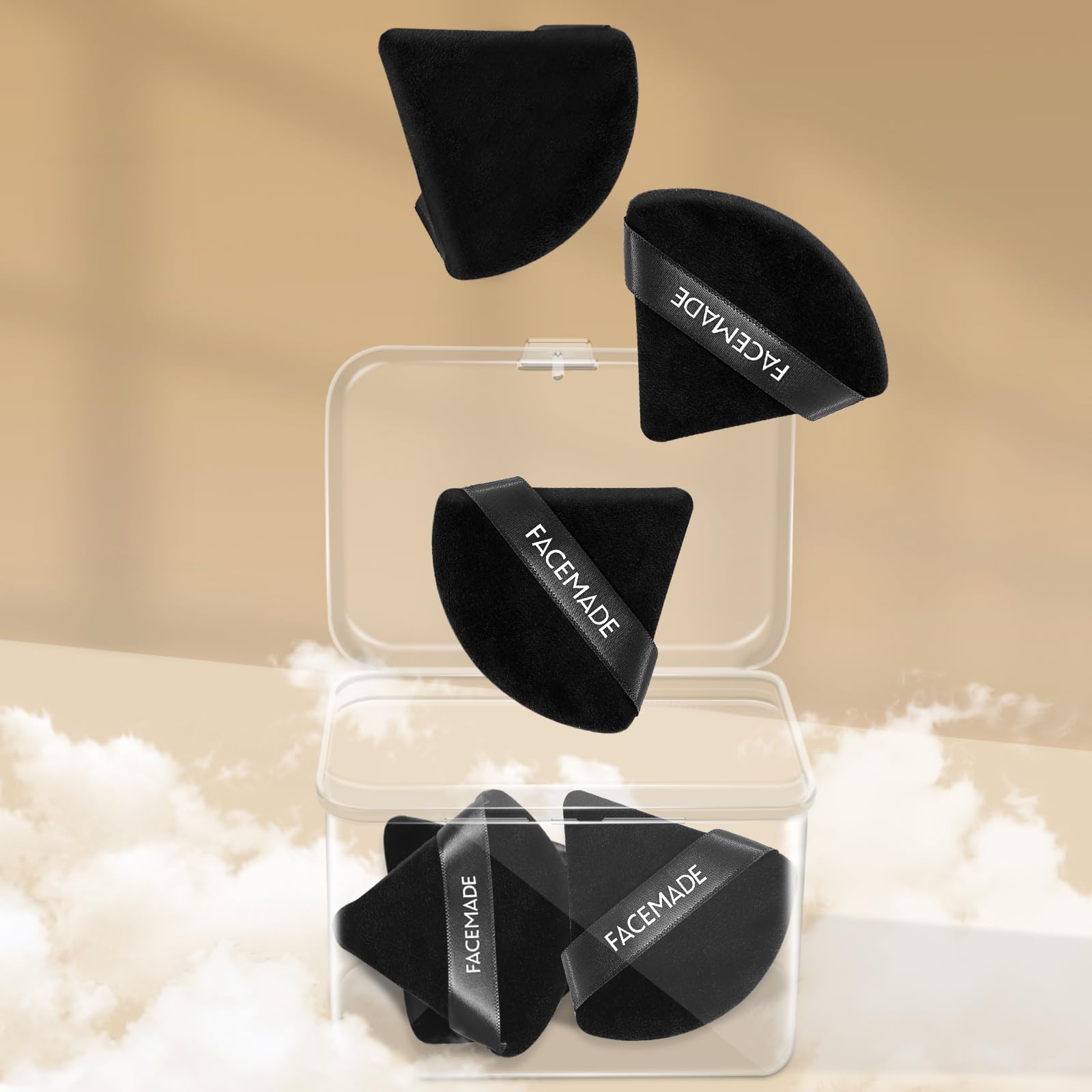 FACEMADE 12 Pieces Face Powder Puff with a Travel Case, Soft Makeup Puff with a Container, Triangle Velour Makeup Sponge for Loose Powder Body Powder, Beauty Makeup Tools, Black
