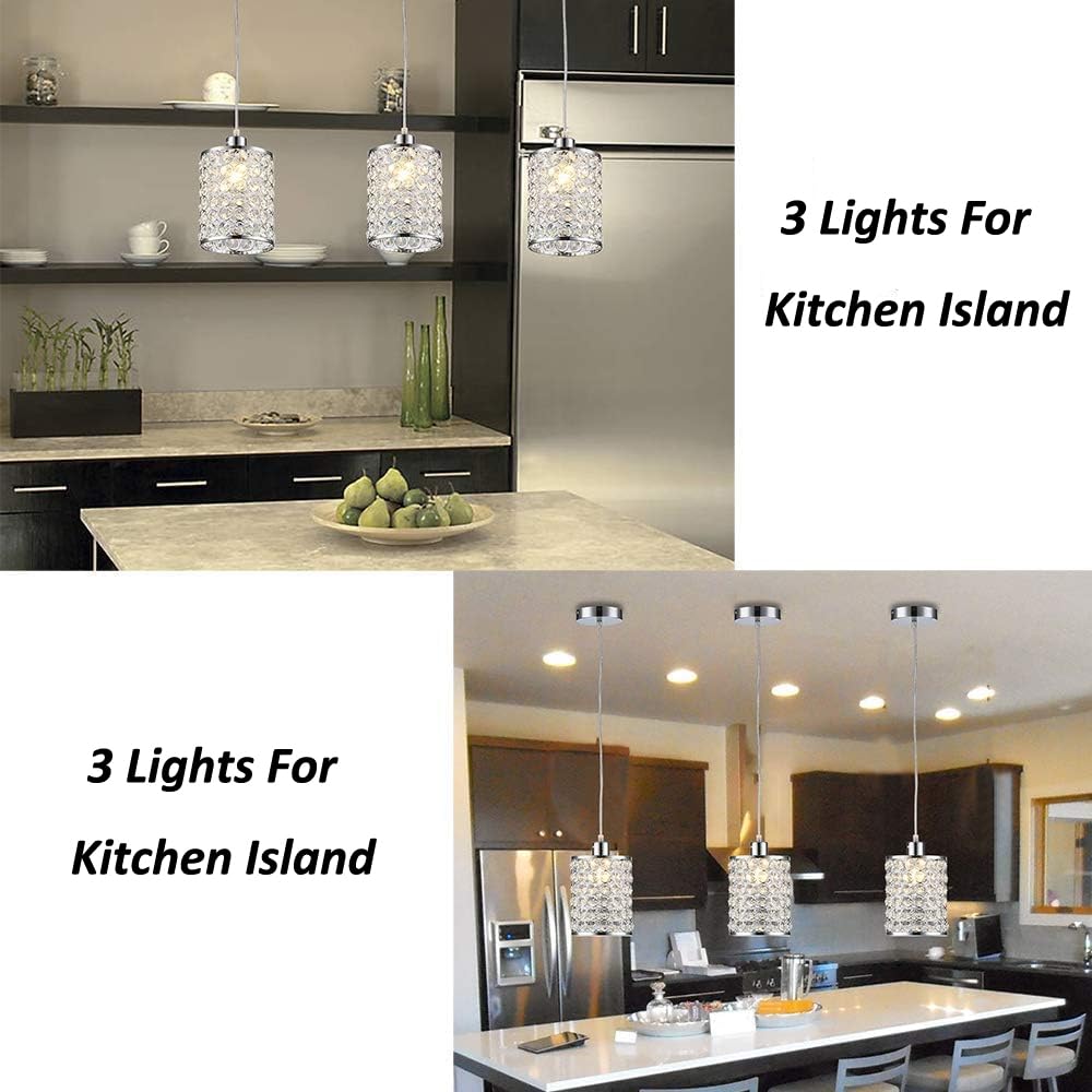 Cuaulans 3 Pack Crystal Pendant Light, Modern Chrome Kitchen Island Pendant Lighting,Cord Adjustable Bar Ceiling Hanging Lights for Kitchen Dining Room Bedroom Bar
