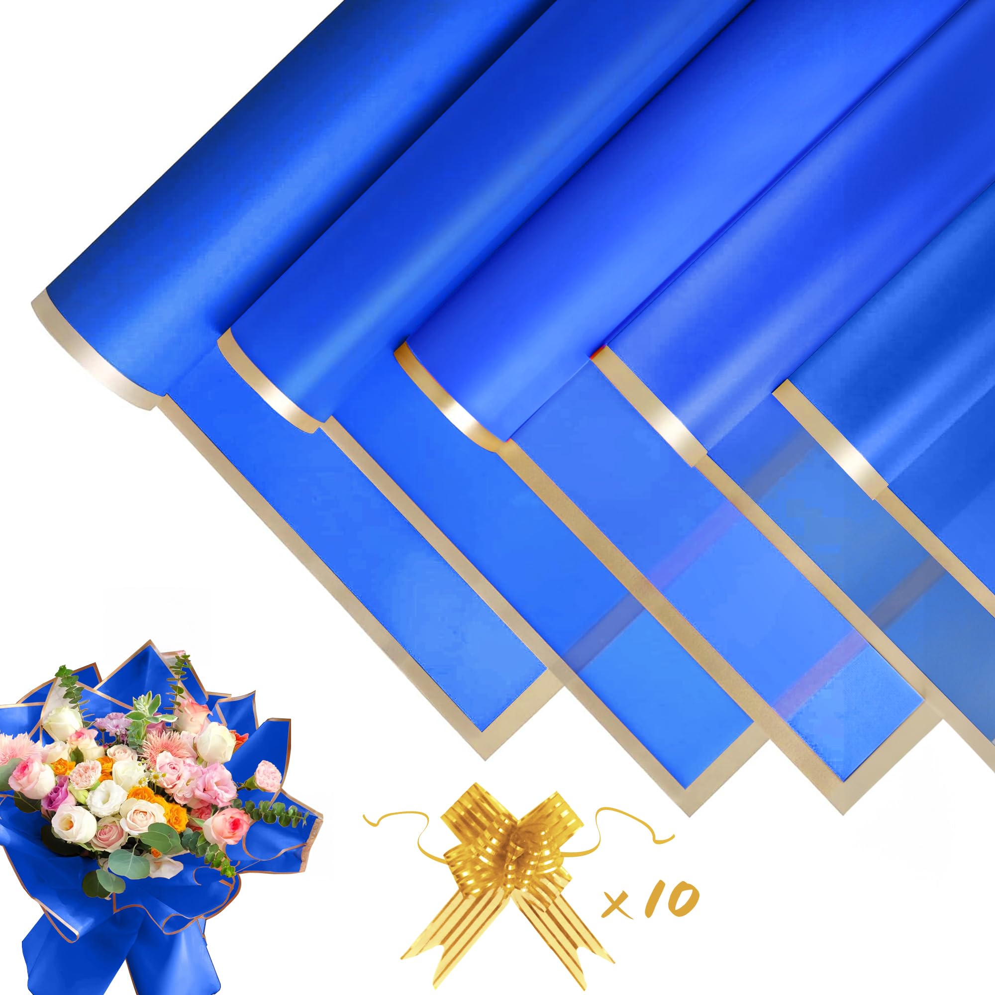 JOYIT 20 Sheets Flower Wrapping Paper - Flower Bouquet Wrapping Paper with Ribbon, Waterproof Flower Paper Wrap for Wedding, Birthday, Flower Shop, DIY Craft (Blue, 22.8''x22.8'')