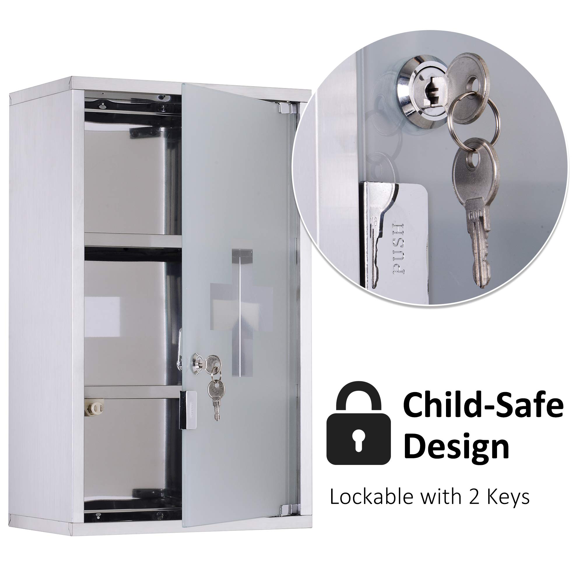 HOMCOM Wall Mounted Medicine Cabinet, Locking Wall Cabinet with 4 Tier Shelves, Stainless Steel Frame and Glass Door, Lockable with 2 Keys, Silver, 12" x 24"