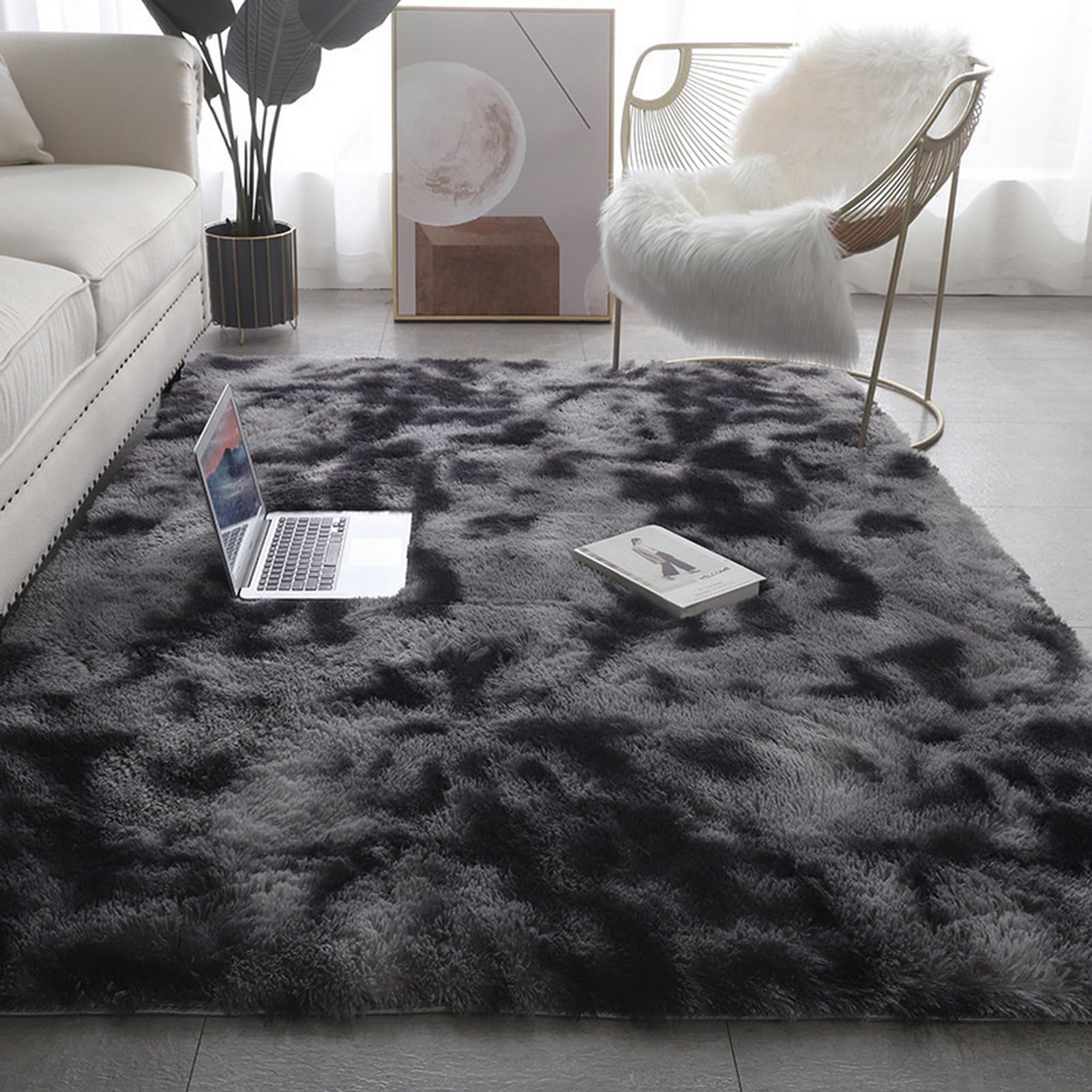Lifup Area Rug for Living Room, Indoor Shag Fuzzy Carpets, Fluffy Faux Fur Rugs, Non-Slip High Pile Shaggy Carpets, Ultra Soft Plush Rugs for Bedroom Home Decor Tie-Dyed Dark Grey 2.6x4 Feet