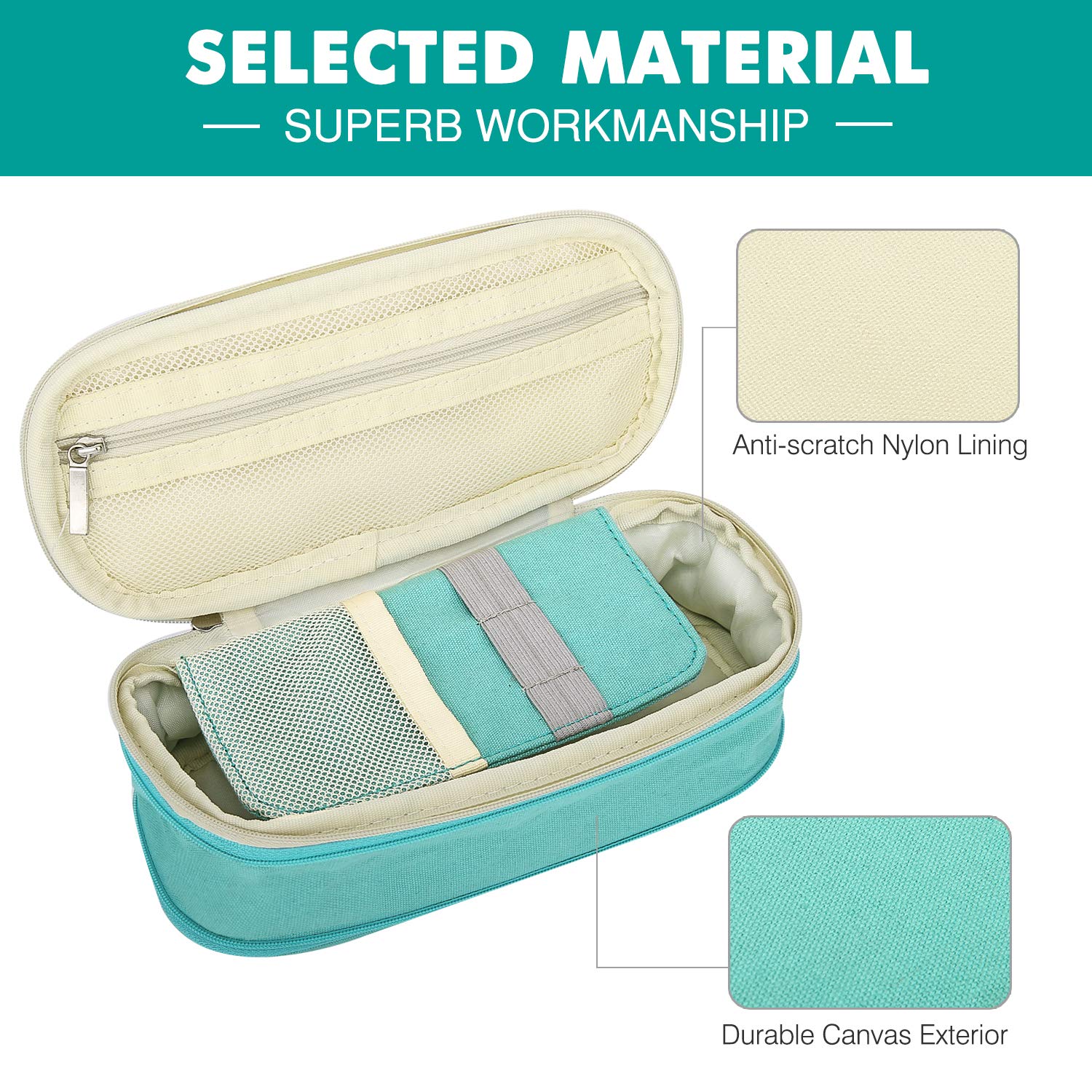 MoKo Big Capacity Pencil Pen Case, Large Capacity Storage Bag Pouch Box Makeup Pen Bag Cosmetic Bag Stationery Organizer Storage with Zippers for Office/School Supplies - Beige & Blue