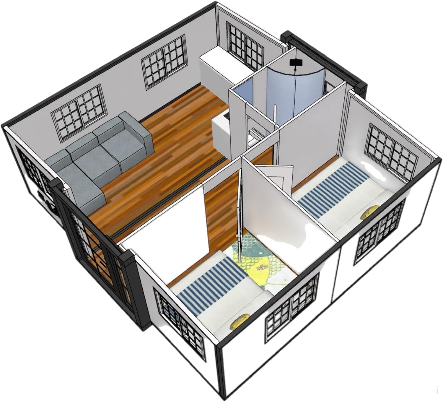 Generic Portable Prefacbricated Modern House, 19 x 20 FT, 2 Rooms, 1 Bathroom & 1 Kitchen, Alloy Steel, Foldable Outbuilding โ Light Blue, R82827