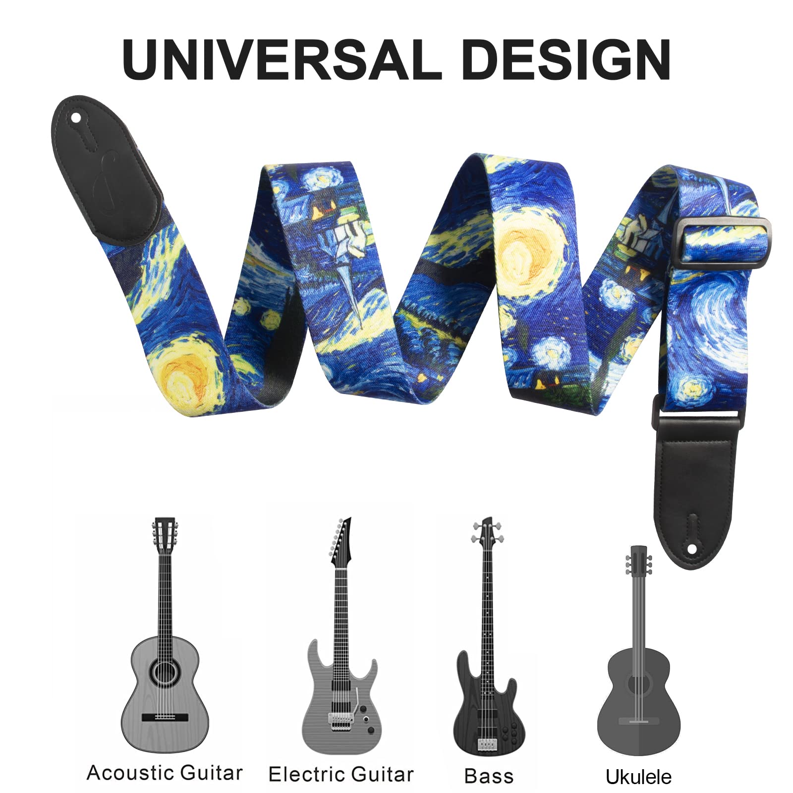Dulphee Guitar Strap, W/Free 2 Locks & 1 Button, Ultra Comfortable Shoulder Straps for Bass, Electric & Acoustic Guitars (Van Gogh Starry Night)