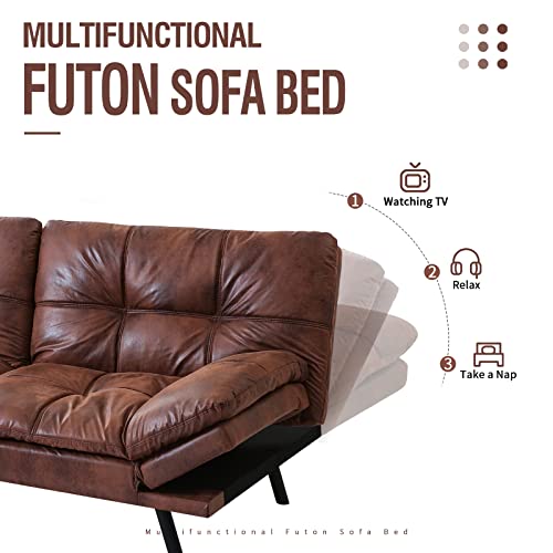 IULULU Futon Sofa Bed, Faux Leather Couch, Modern Convertible Sleeper Daybed with Adjustable Armrests for Studio, Apartment, Office, Small Space, Compact Living Room, Brown