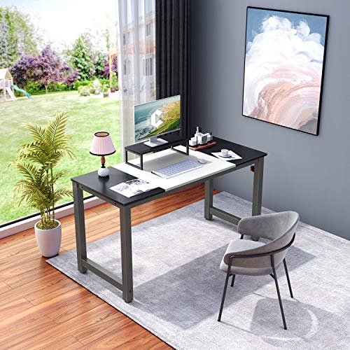CubiCubi Computer Desk 55" with Splice Board Study Writing Table for Home Office, Modern Simple Style PC Desk, Black Metal Frame, White and Black