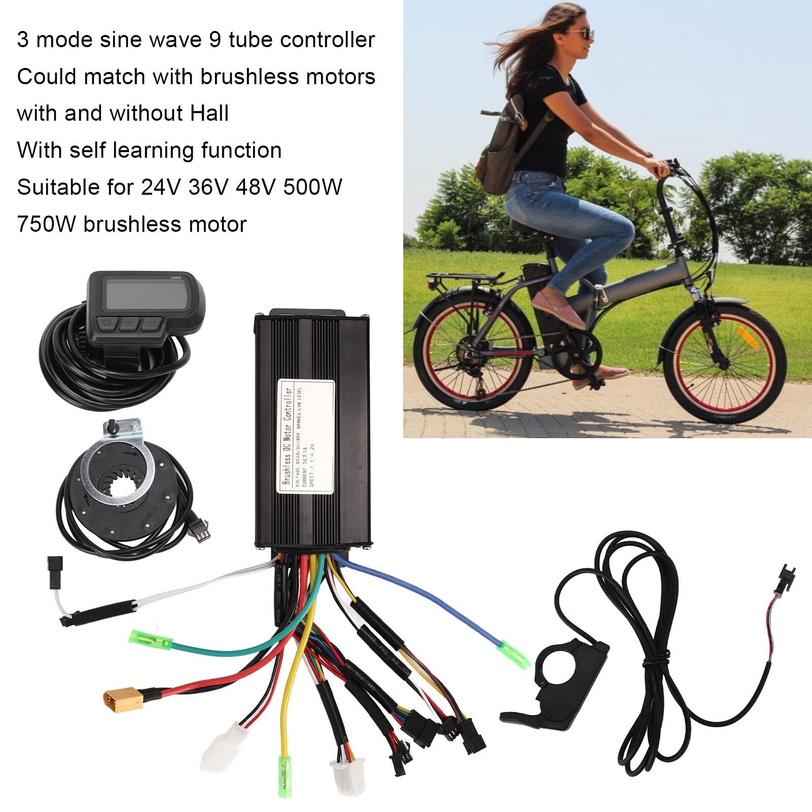 Electric Bike Motor Controller Kit, Electric Motor Controller Good Heat Dissipation LCD Meter 500W 750W 24V 36V 48V for Cyclists for DIY
