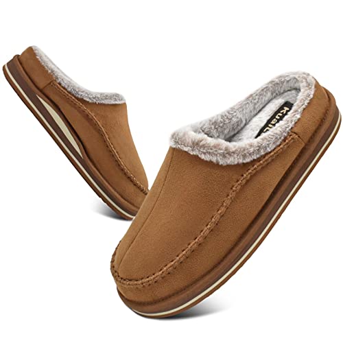 KuaiLu Mens Memory Foam Clog Slippers Comfy Handmade Stitch Microsuede Slip-on House Shoes With Arch Support Warm Faux Fur Lined Rubber Sole Indoor Outdoor Khaki Size 8.5