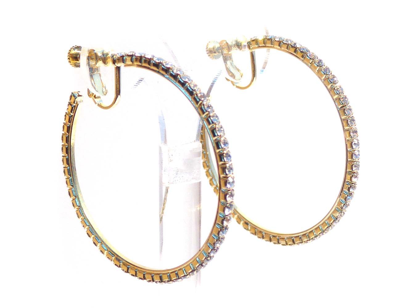 Clip-on Earrings Gold Tone Crystal Hoop Earrings 2 Inch Clip Hoop Earrings for Non Pierced Ears