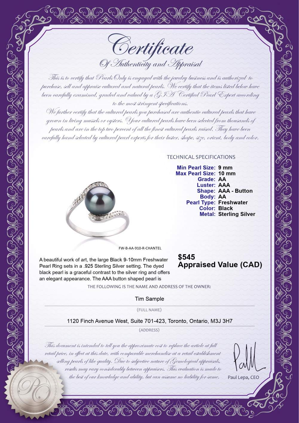 Chantel Black 9-10mm AA Quality Freshwater 925 Sterling Silver Cultured Pearl Ring For Women - Size-9