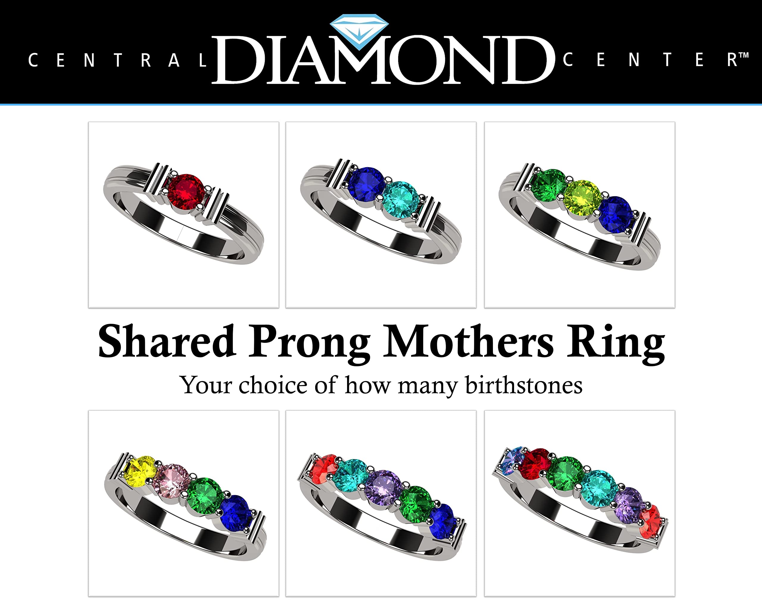 Central Diamond Center Shared Prong Mothers Birthstone Family Ring with 1-6 Birthstones, Birthstone 1, Size 7.5